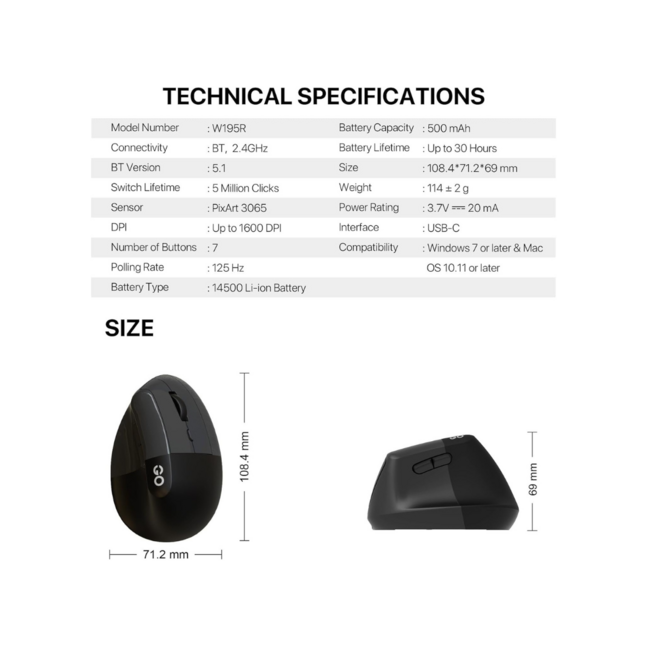 Fantech Go Comfy W195R Vertical Ergonomic Mouse Gray